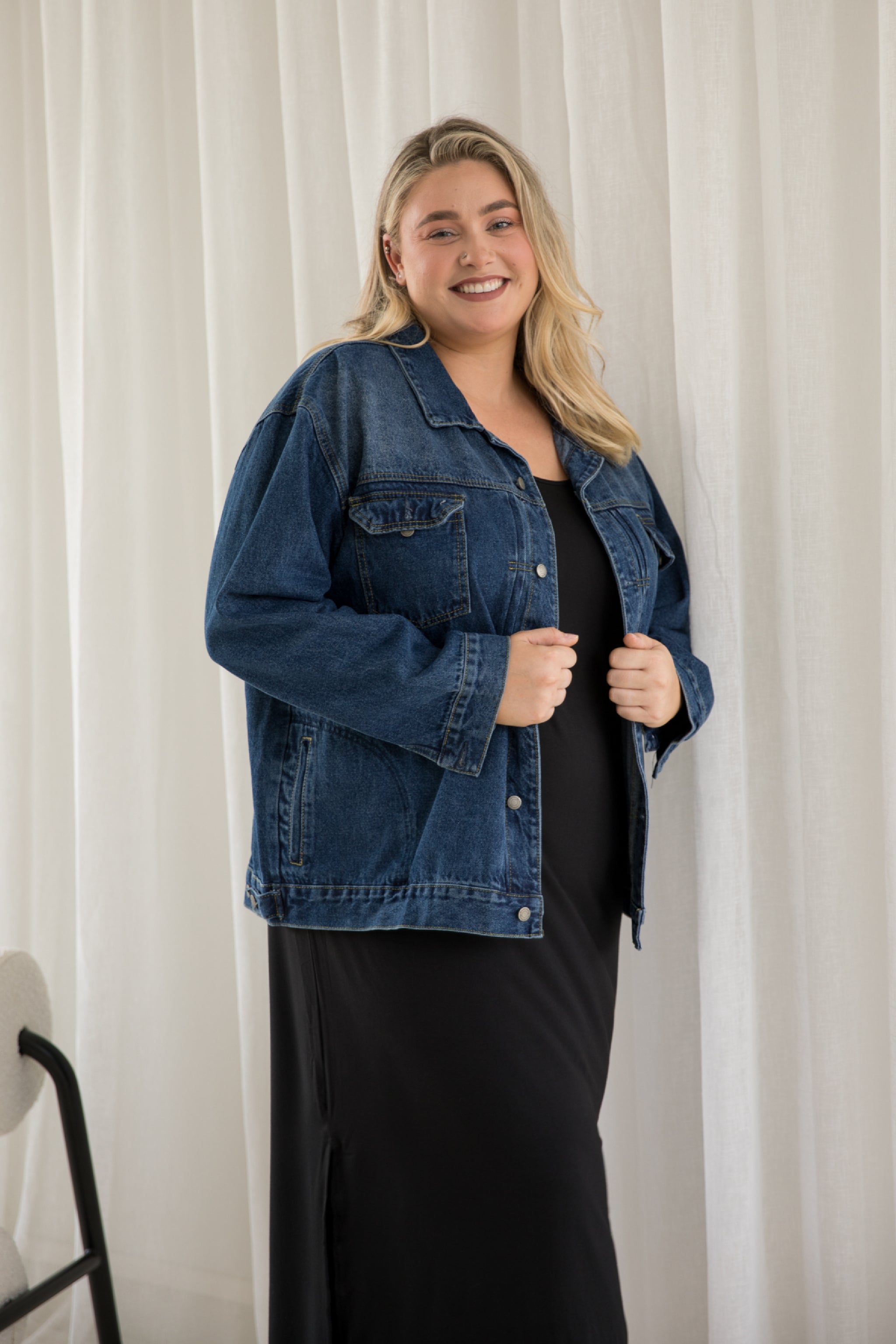Plus-Sized Denim Jackets | PQ Collection | Denim Basic Jacket in Dark ...
