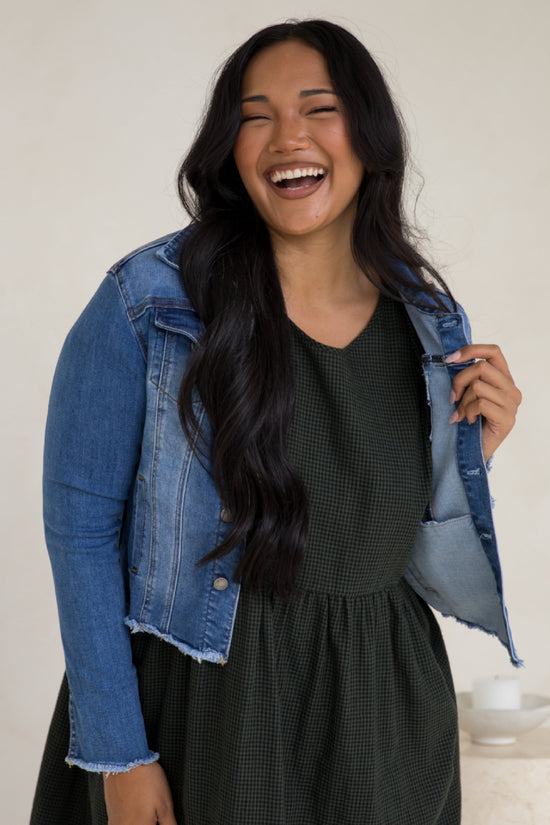 Plus-Sized Denim Jackets | PQ Collection | Frayed Denim Jacket in Mid Wash
