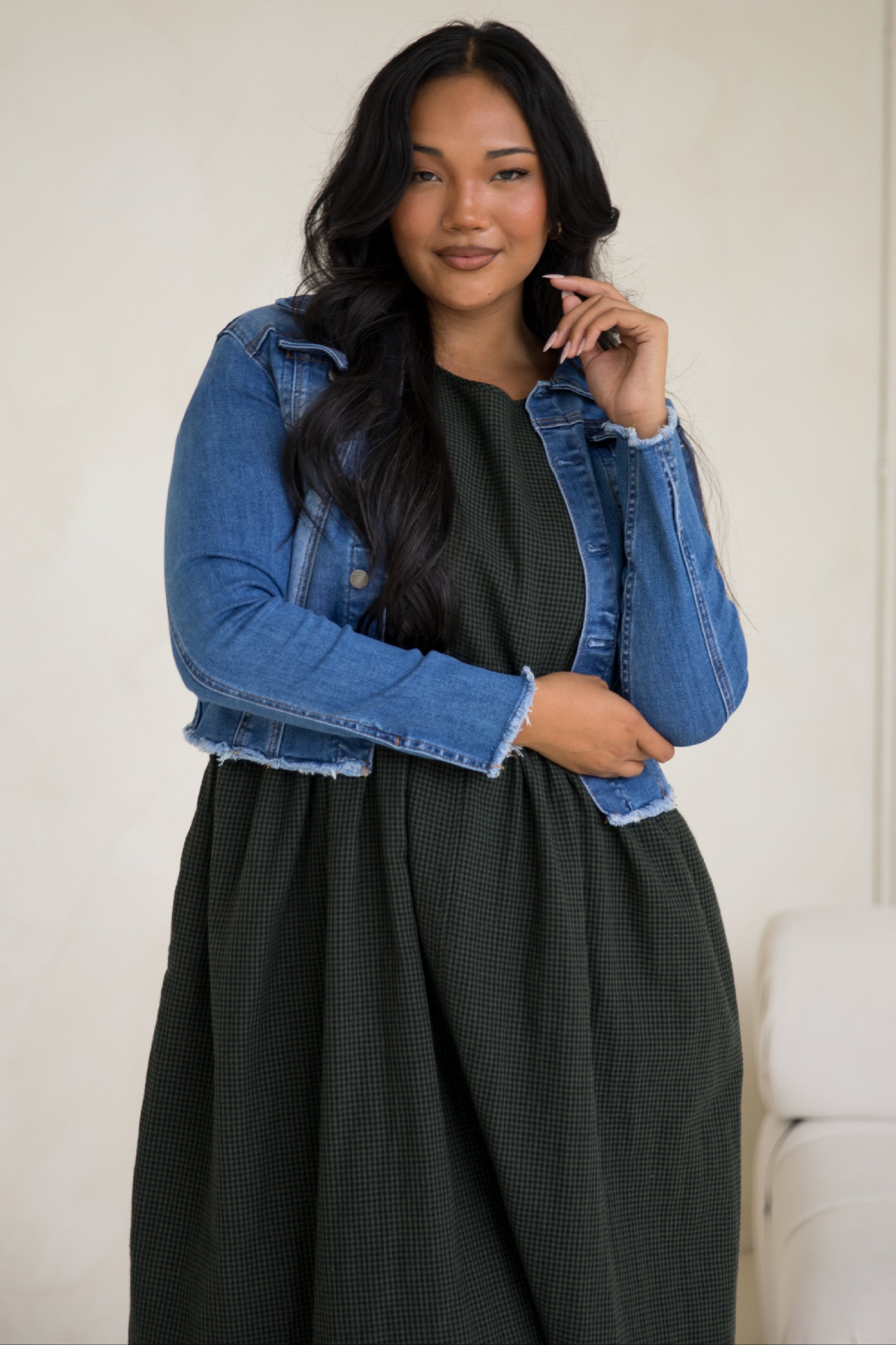 Plus-Sized Denim Jackets | PQ Collection | Frayed Denim Jacket in Mid Wash