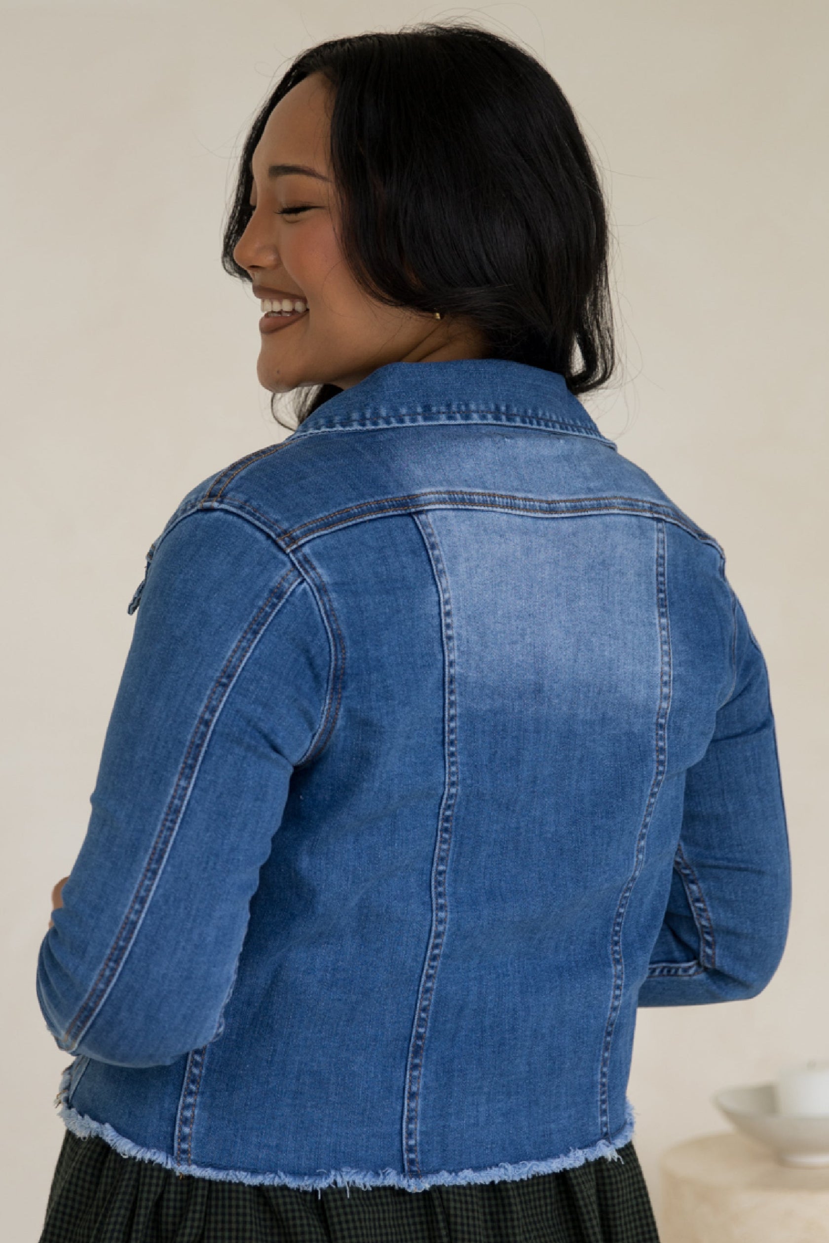 Plus-Sized Denim Jackets | PQ Collection | Frayed Denim Jacket in Mid Wash