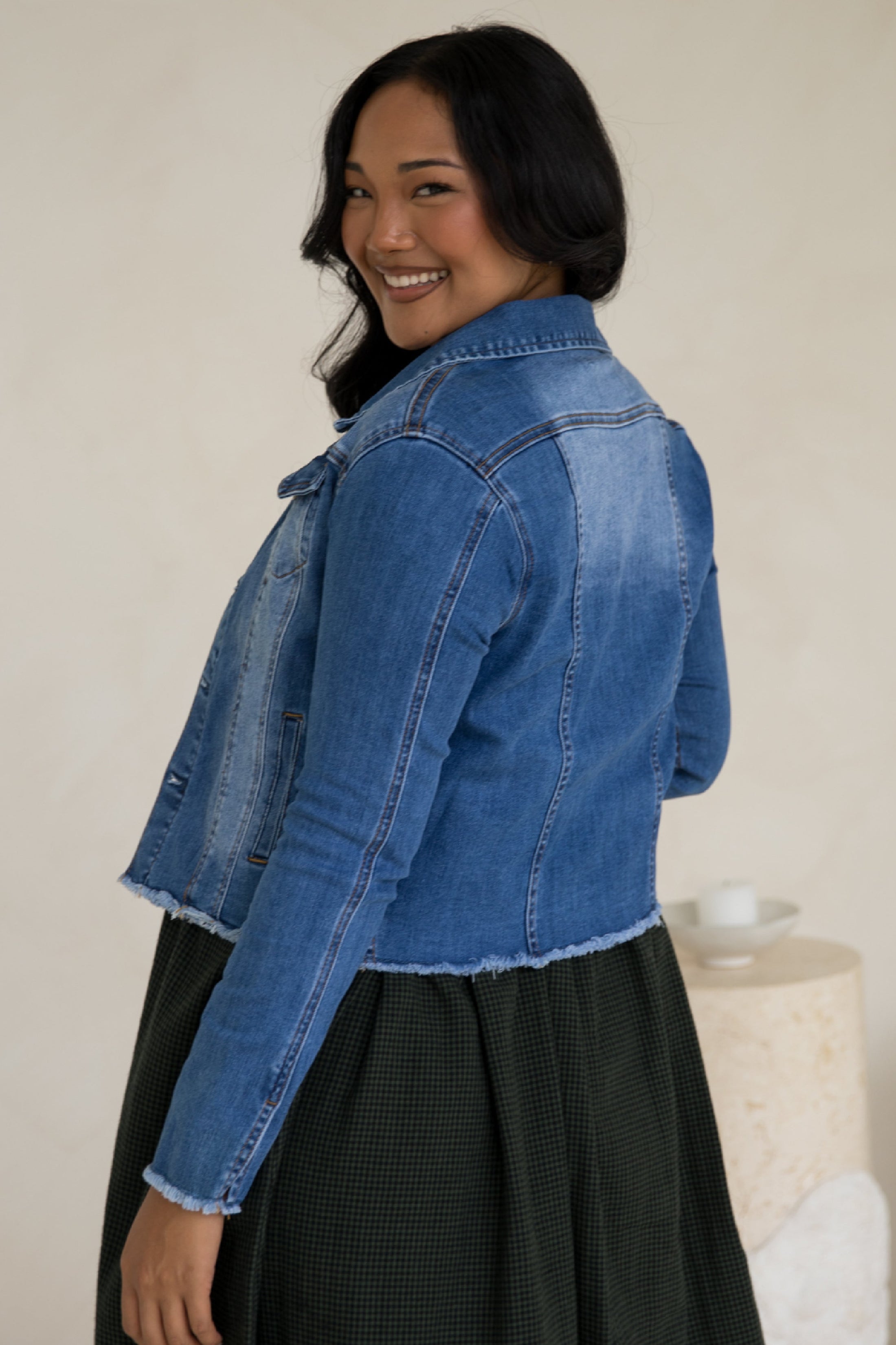 Plus-Sized Denim Jackets | PQ Collection | Frayed Denim Jacket in Mid Wash