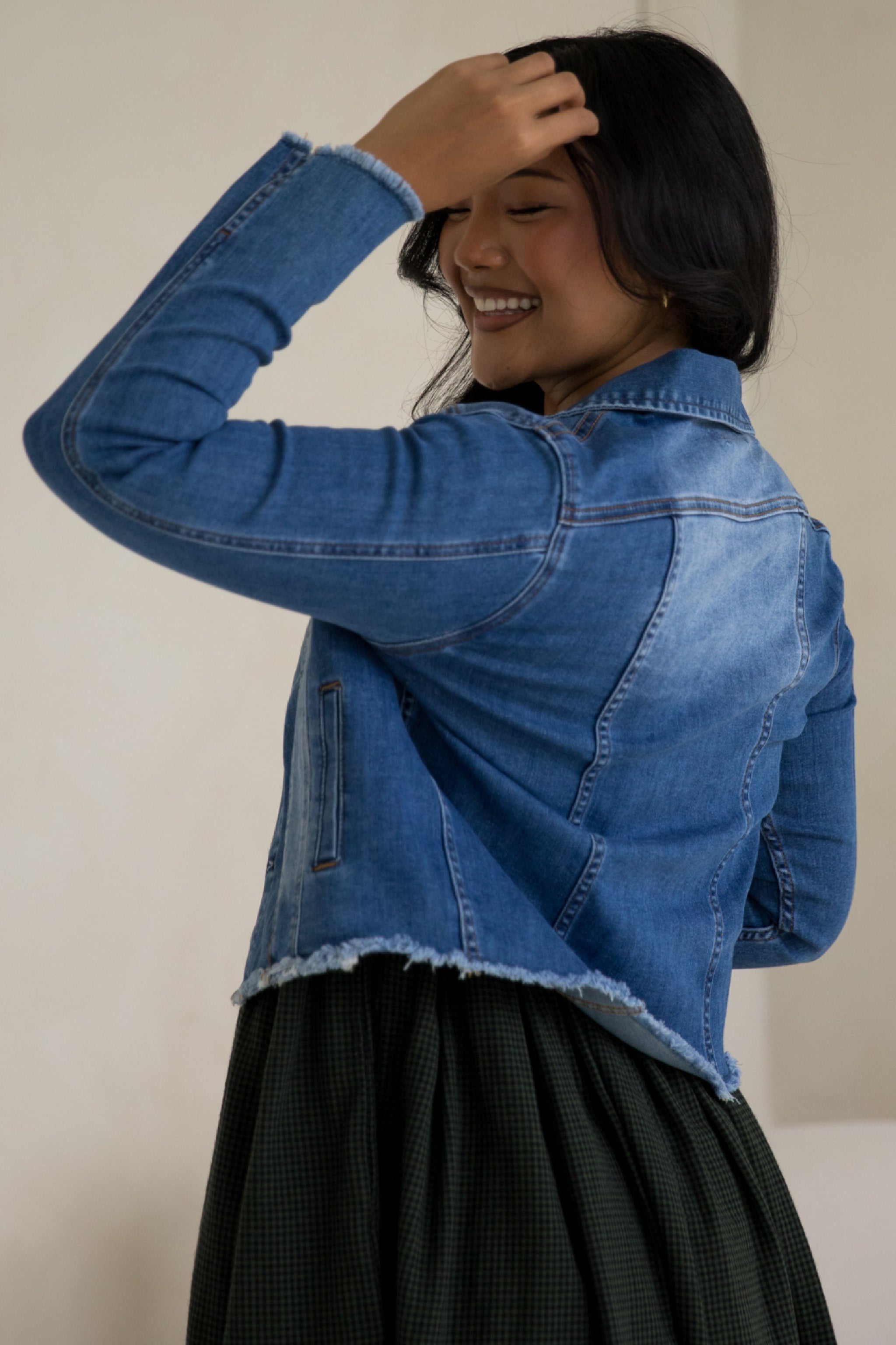 Plus-Sized Denim Jackets | PQ Collection | Frayed Denim Jacket in Mid Wash