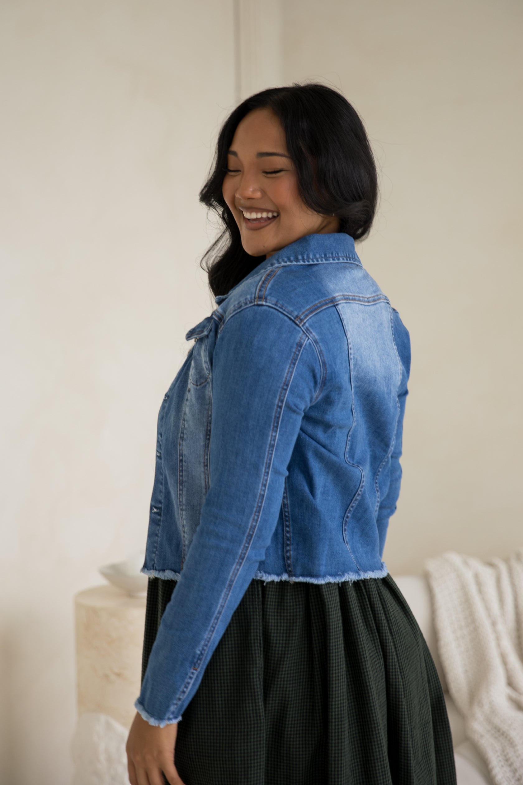Plus-Sized Denim Jackets | PQ Collection | Frayed Denim Jacket in Mid Wash
