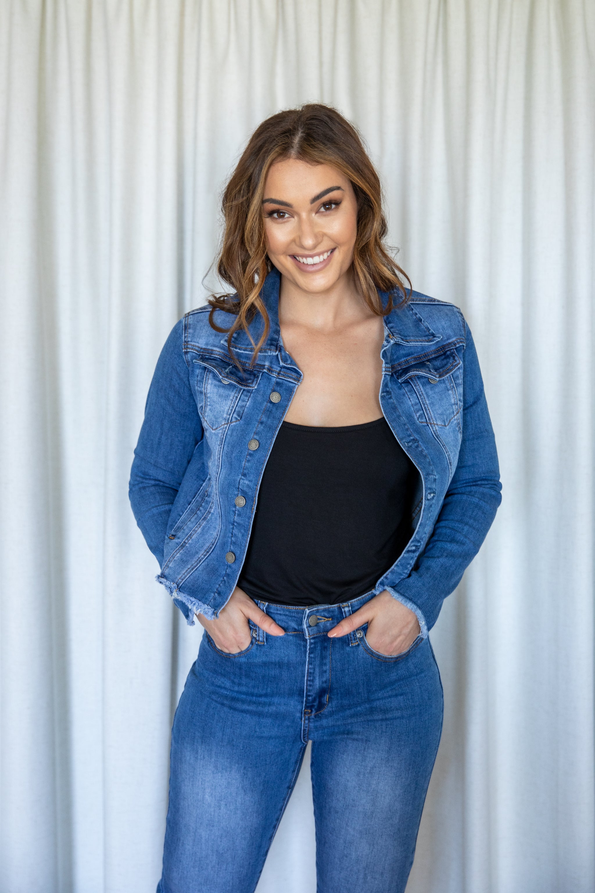 Plus-Sized Denim Jackets | PQ Collection | Frayed Denim Jacket in Mid Wash